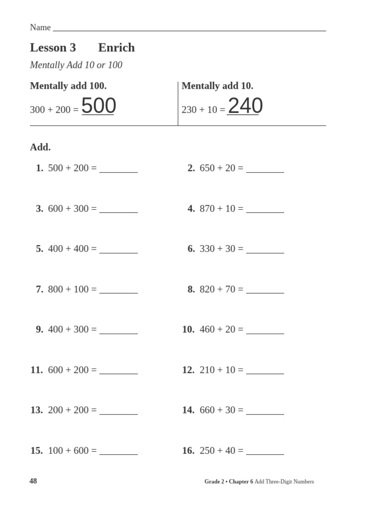 Enrich Worksheet Mentally Add 10 or 100 | PDF