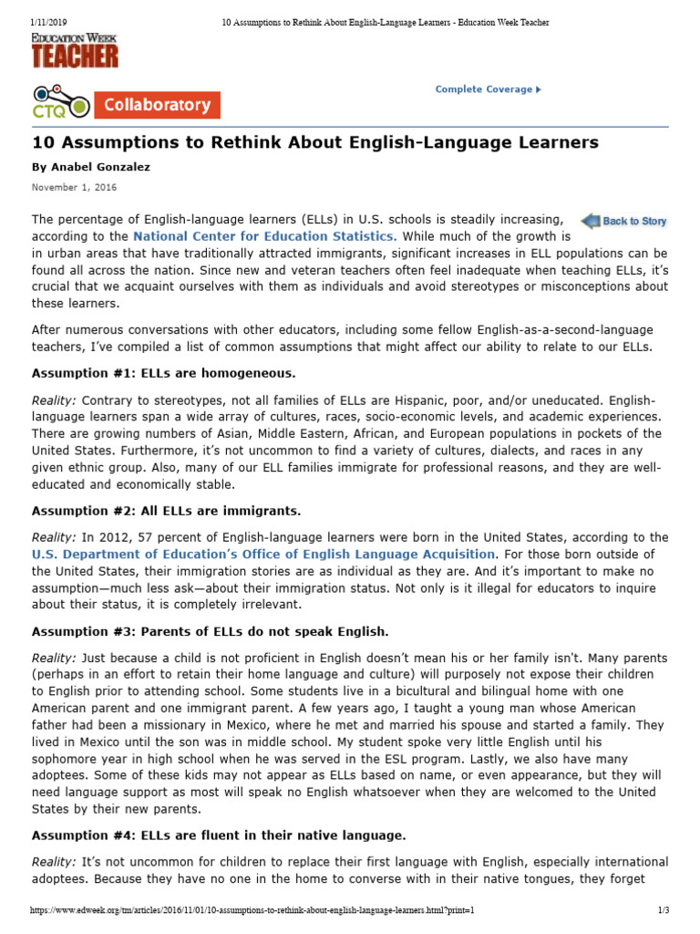 10 Assumptions To Rethink About English-Language Learners - Education Week Teacher | PDF ...