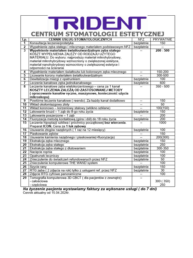 TRIDENT Cennik Stomatologiczny Z NFZ 2024 | PDF