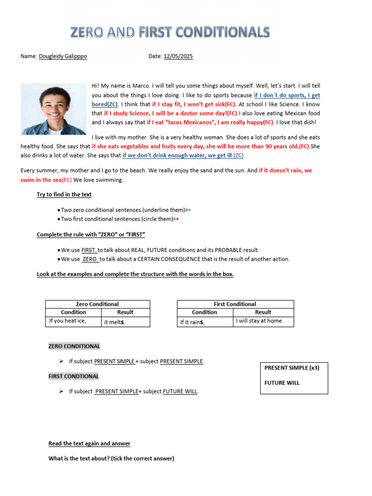 Zero and first conditional - Reading comprehension and worksheet ...