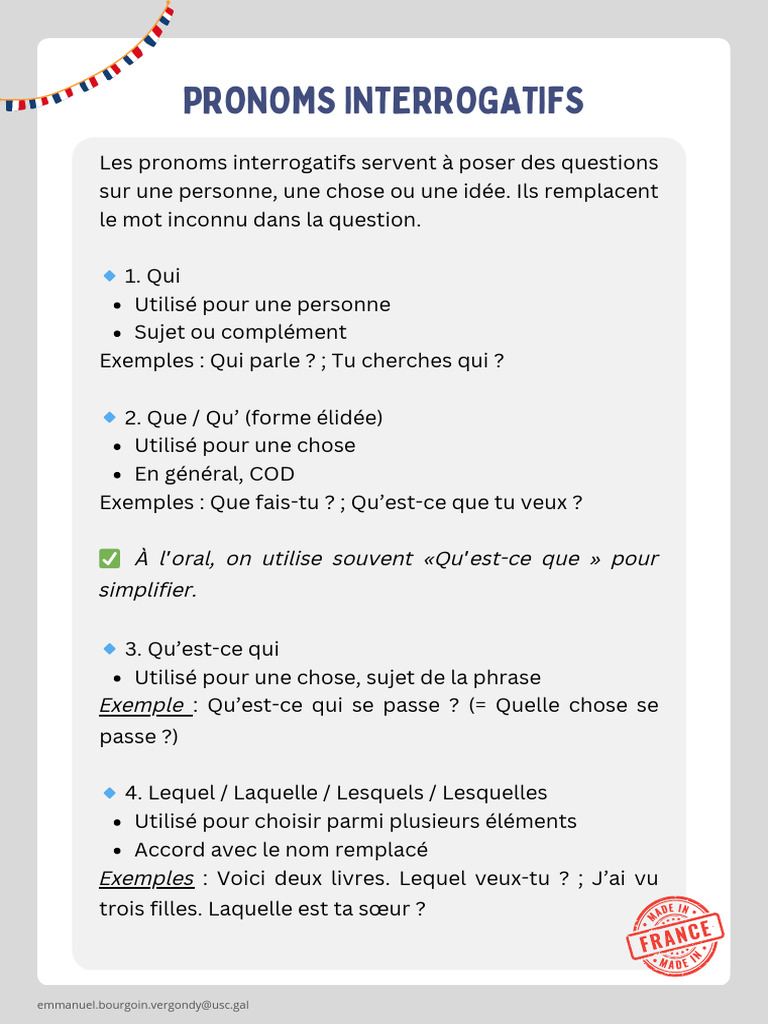 Guide des pronoms interrogatifs | PDF | Pronom | Sujet (Grammaire)