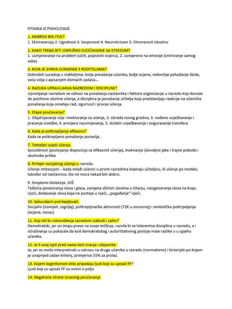Pitanja Iz Psihologije | PDF