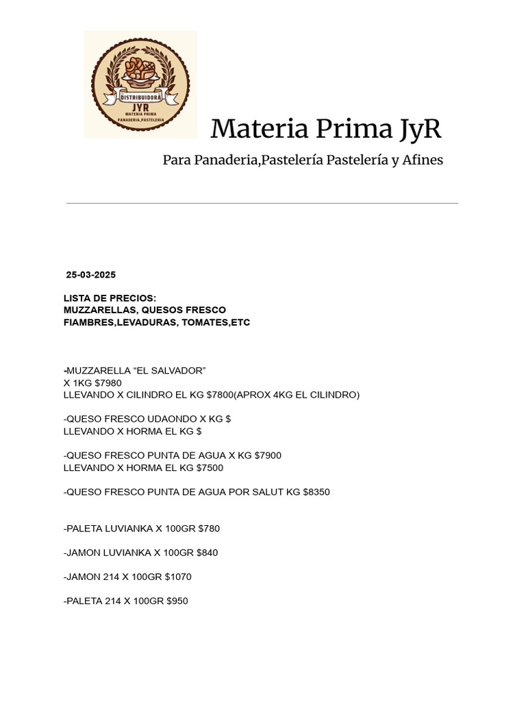 Lista de Fiambres y Quesos 2025 | PDF