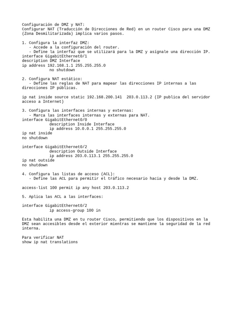 Configuración de DMZ y NAT | PDF