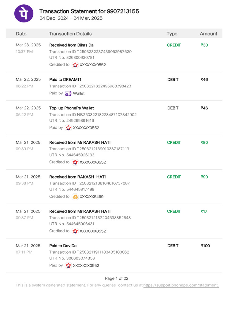 PhonePe Statement Dec2024 Mar2025 | PDF | Debit Card | Debits And Credits