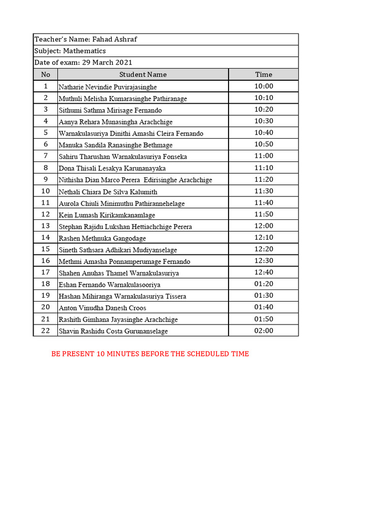 Grade 5A Mathematics Exam Schedule | PDF