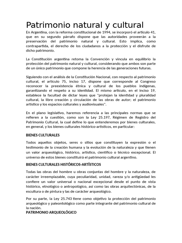 Patrimonio natural y cultural | PDF | Patrimonio cultural | Bienes (Ley)