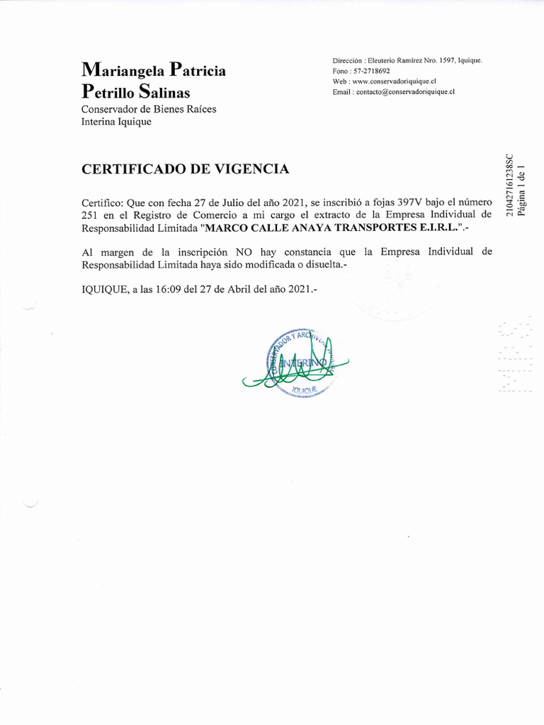 Cert - de Vigencia Eirl | PDF