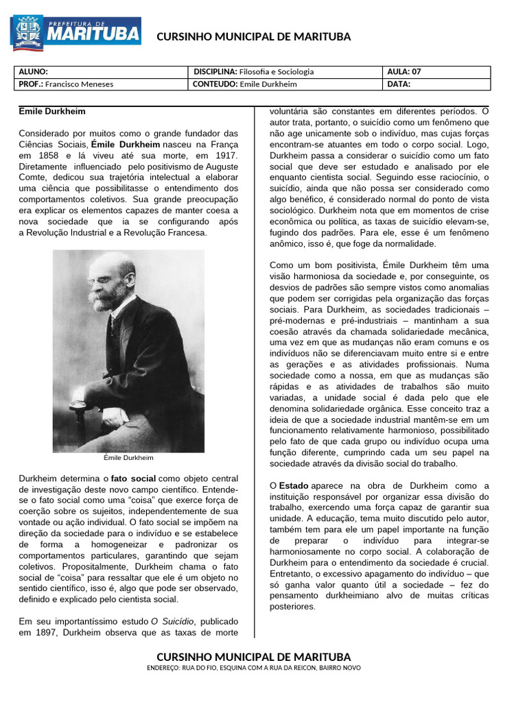 Emile Durkheim: Fundador das Ciências Sociais | PDF | Émile Durkheim ...