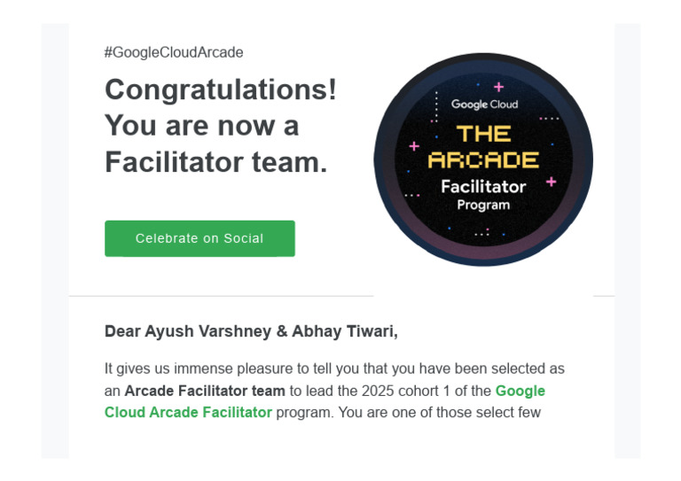 Gmail - Congratulations! You are now a Google Cloud Arcade Facilitator 2025 Cohort 1 Team | PDF