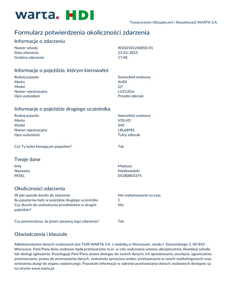 Formularz Potwierdzenia Okoliczności Zdarzenia: Informacje o Zdarzeniu | PDF