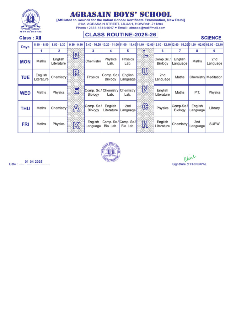 Class XII Full Timetable-2025-26 | PDF