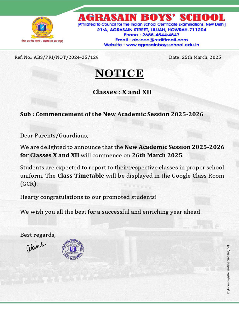 New Academic Session Notice for X & XII | PDF