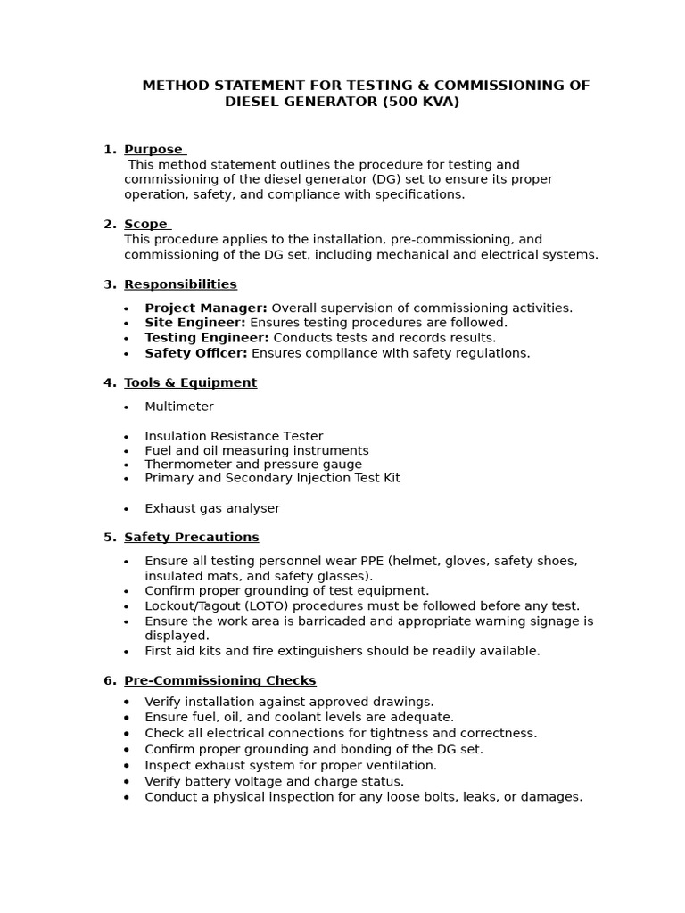 Diesel Generator T&C Procedure | PDF | Insulator (Electricity) | Diesel ...