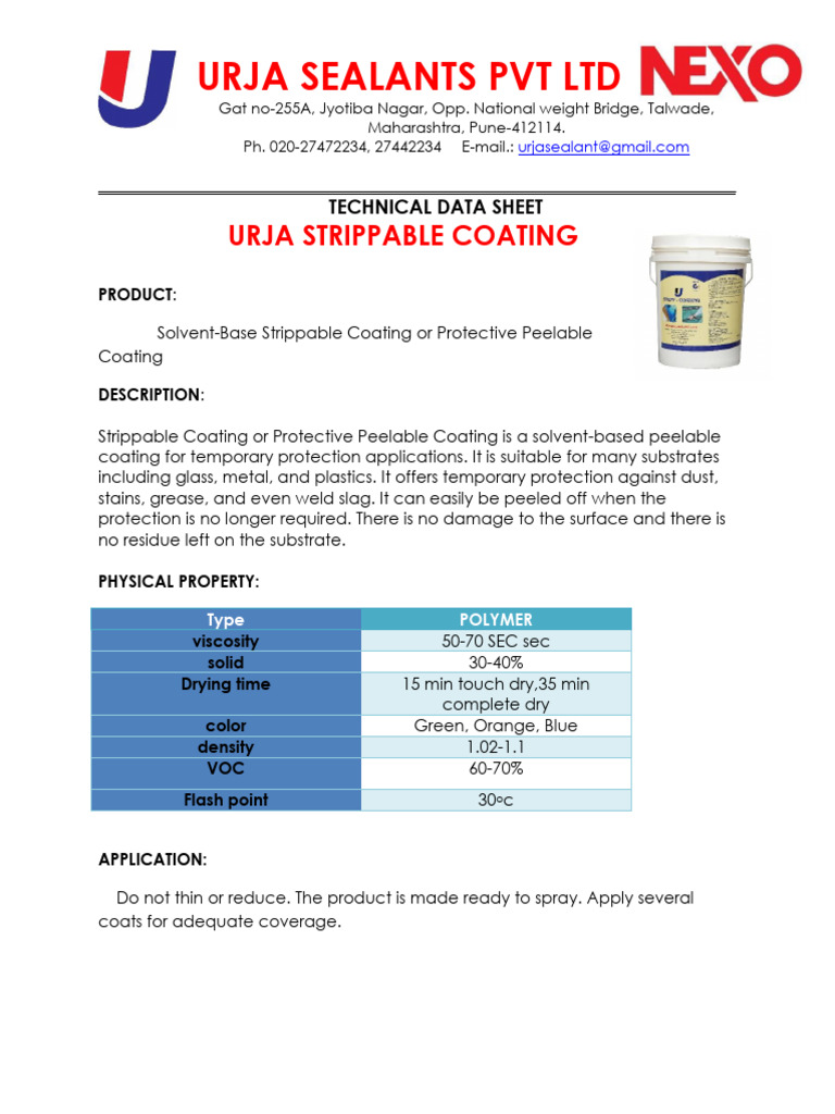 Urja Strippable Coating Technical Data | PDF | Coating | Glasses