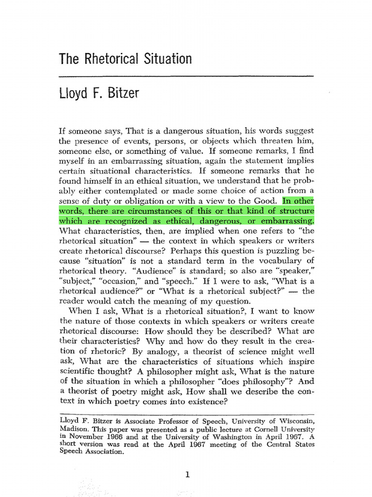 The Rhetorical Situation by Lloyd Bitzer | PDF | Rhetoric | Public Speaking