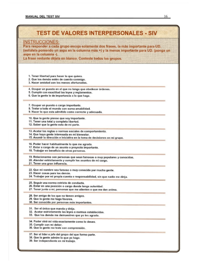 Cuestionario de Valores Interpersonales SIV | PDF