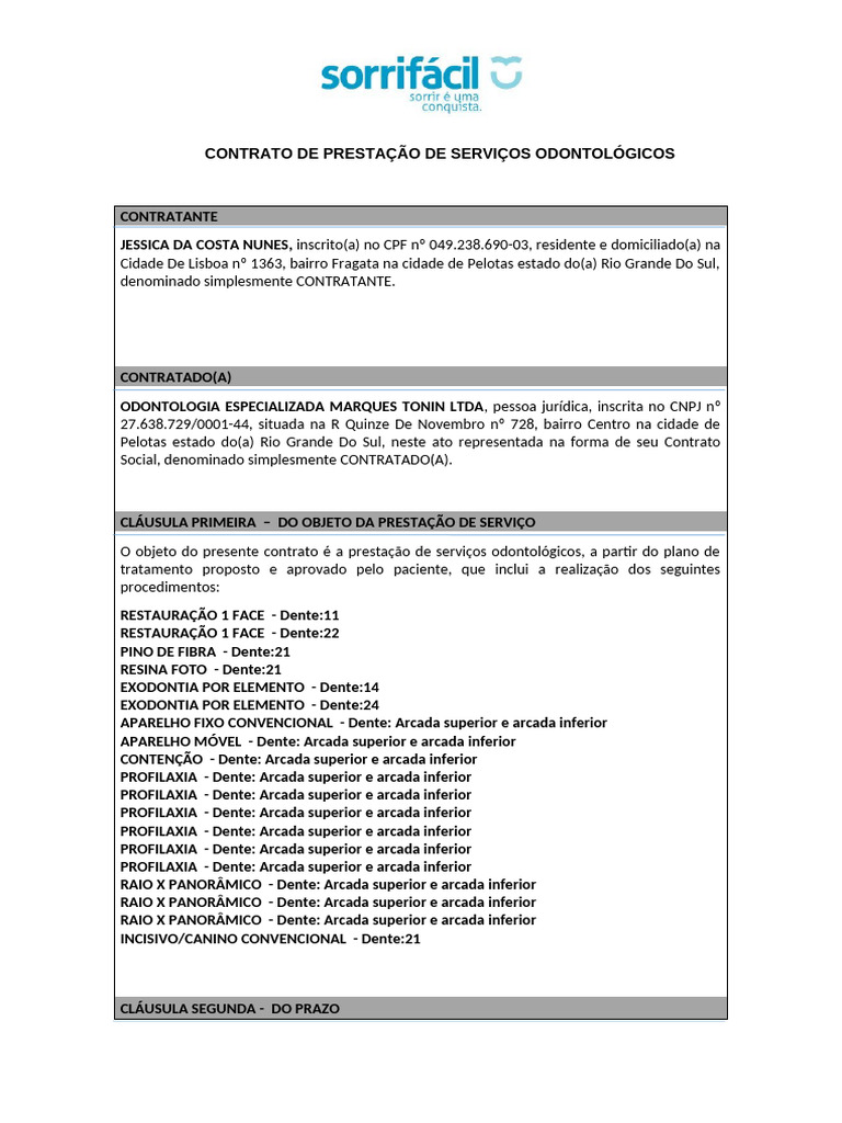 Contrato Jessica Da Costa Nunes | PDF | Odontologia | Ortodontia
