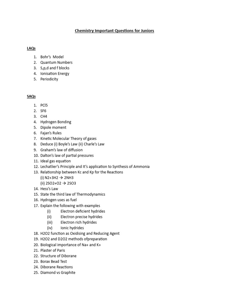 Junior Imp Questions Nan Acad | PDF | Gases | Chemical Reactions