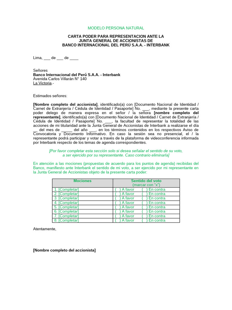 BASE Carta Poder para Representación en Junta | PDF