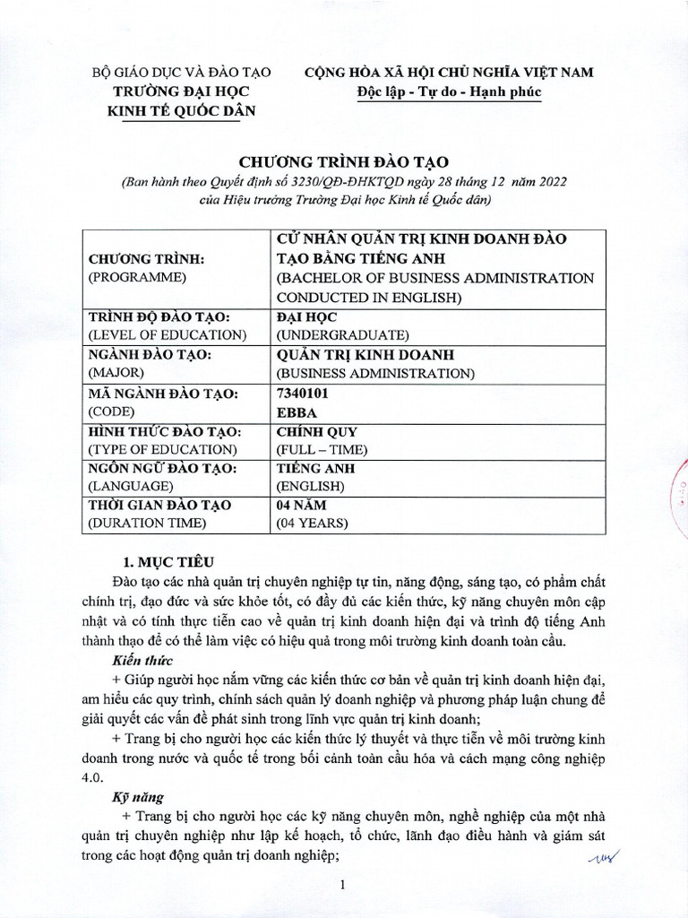 Quản Trị Kinh Doanh (E-BBA) - 2022 | PDF