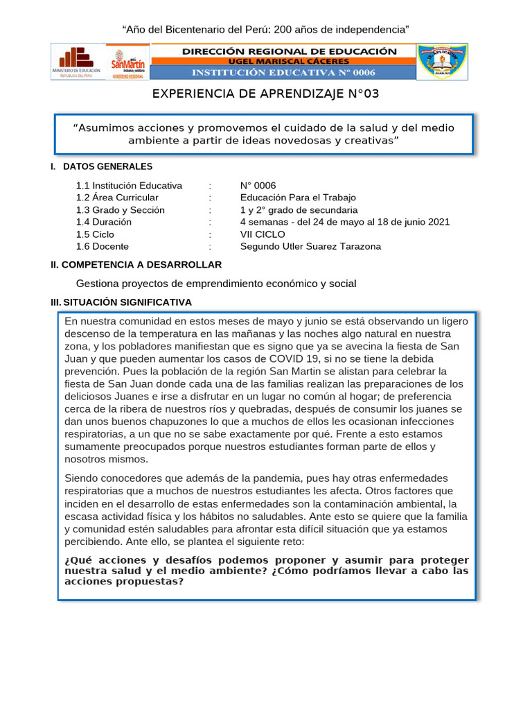 EXPERIENCIA DE APRENDIZAJE III - EPT 1° y 2° grado | PDF | Aprendizaje | Iniciativa empresarial