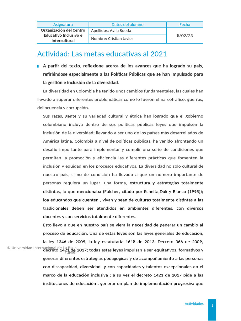 Avila Rueda - Cristian Javier | PDF | Inclusión (Educación) | Enseñando