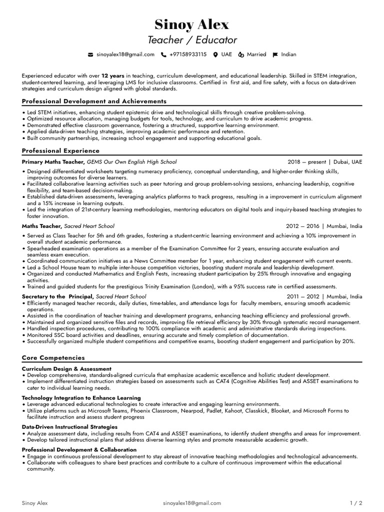 Sinoy Alex -Resume | PDF | Teachers | Curriculum
