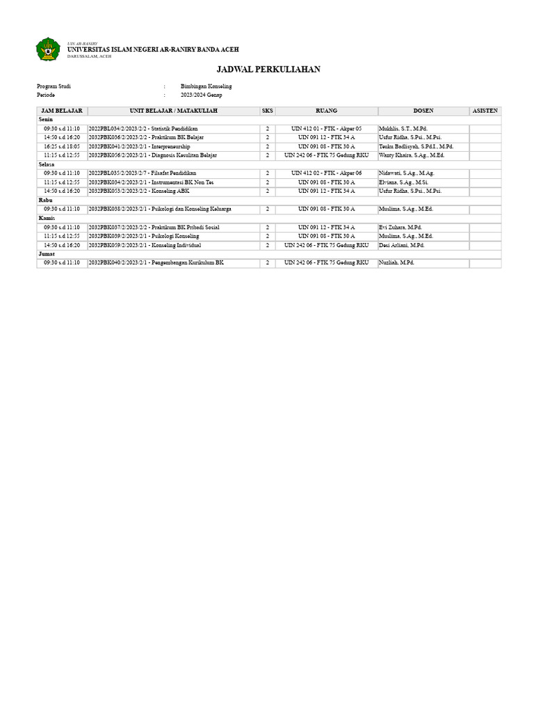 Roster Jadwal Perkuliahan | PDF