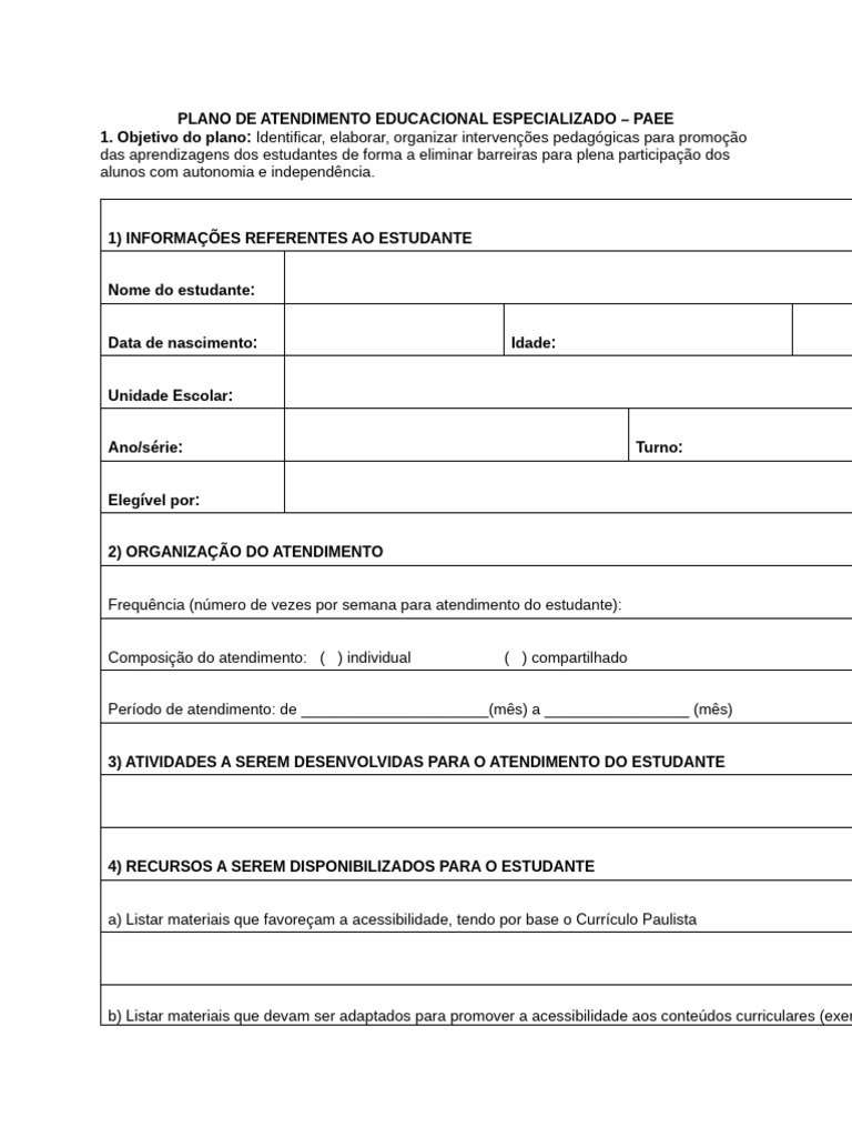 Modelo de PAEE para Educação Especial | PDF