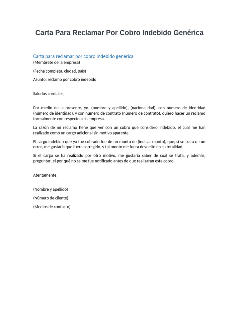 Carta para Reclamar Por Cobro Indebido Genérica | PDF