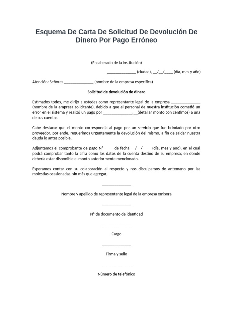 Carta De Solicitud De Devolución De Dinero Por Pago Erróneo | PDF