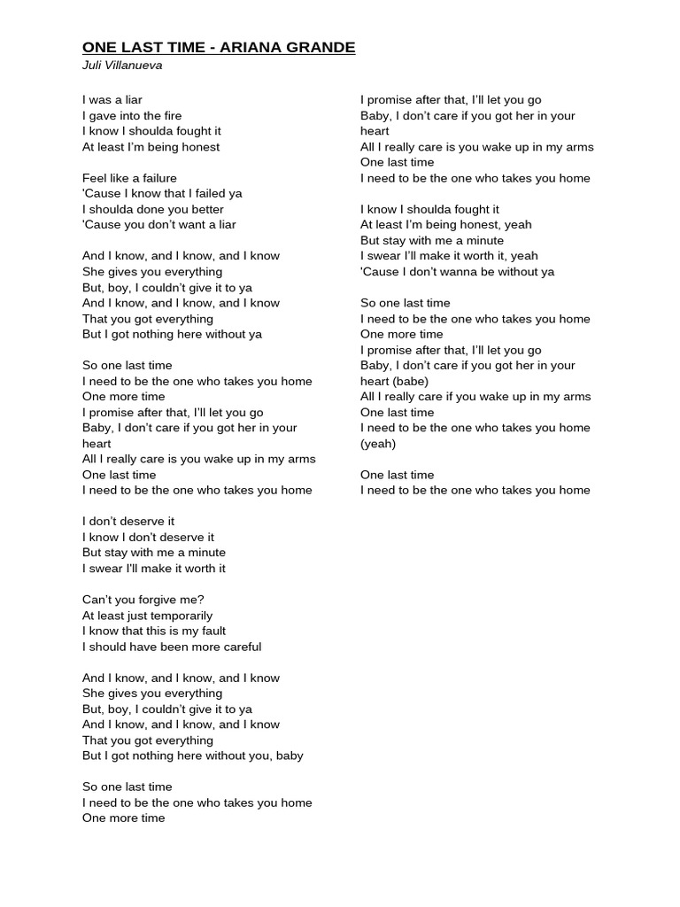 Ariana Grande's "One Last Time" Lyrics | PDF