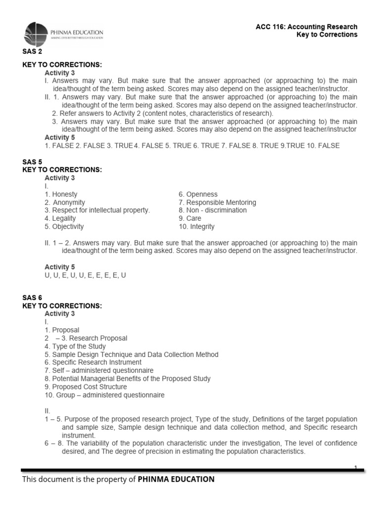 ACC 116 - Key To Corrections | PDF | Sampling (Statistics) | Experiment
