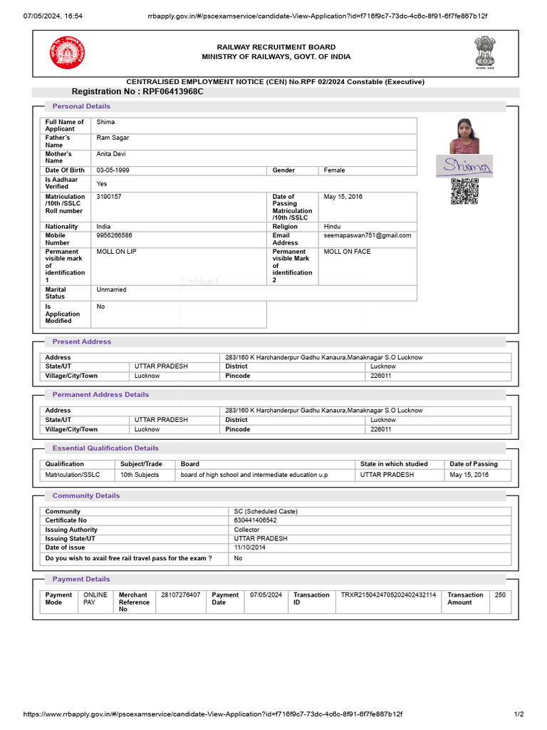 Rrbapply - Gov.in # Pscexamservice Candidate View Application Id ...