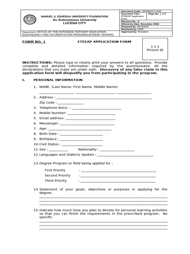 1 ETEEAP - Application - DECEMBER 2024 | PDF | Learning | Academic Degree
