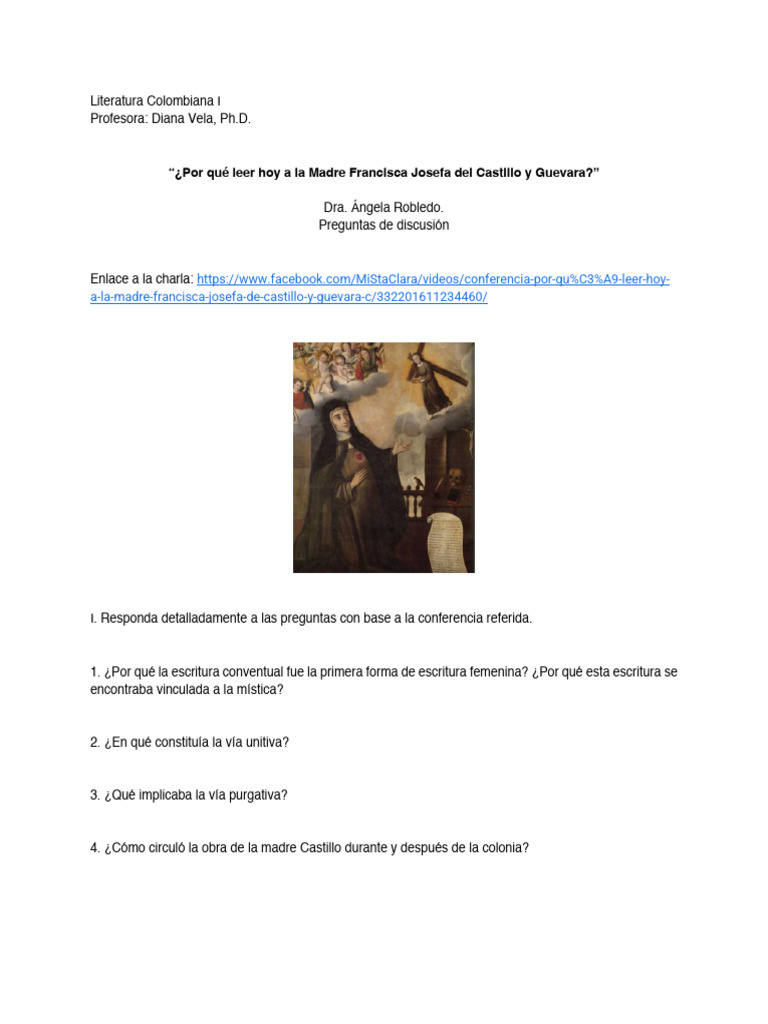 Charla Dra. Ángela Robledo- Sor Josefa de Castillo. Preguntas de discusión | PDF