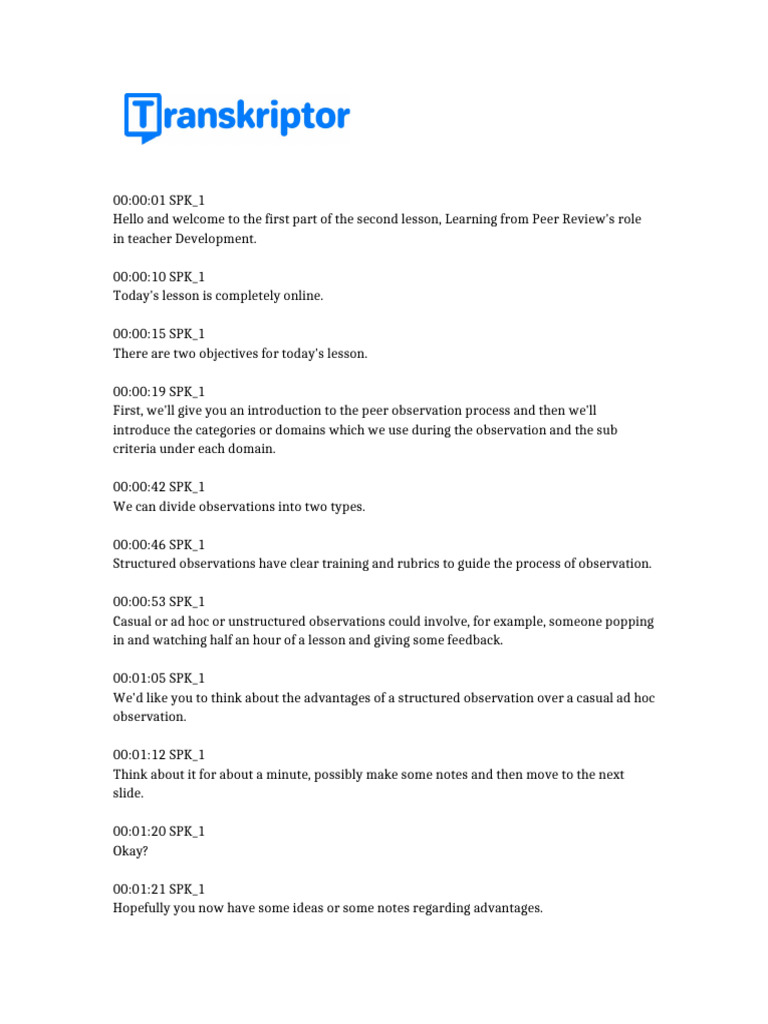 NEW Video - Lesson 2 - Part 1 - Peer Observation Course - With Video | PDF | Teachers | Learning