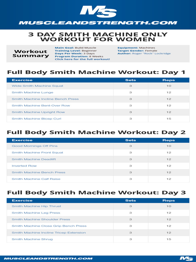 3-Day Smith Machine Workout for Women | PDF | Management Of Obesity ...