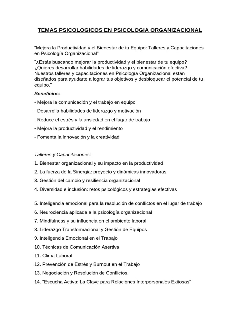 Temas Psicologicos en Psicologia Organizacional | PDF