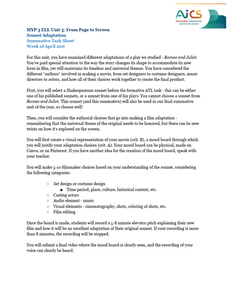 2024-2025 MYP 3 ELL Unit 4 Summative Task Sheet From Page To Screen ...
