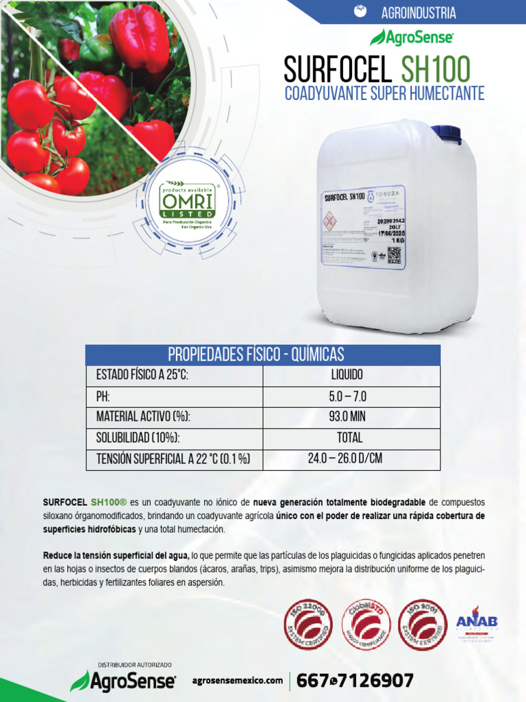 Ficha Tecnica Surfocel SH100 FT AgroSense - Compressed | PDF | Tensioactivo | Sustancias químicas