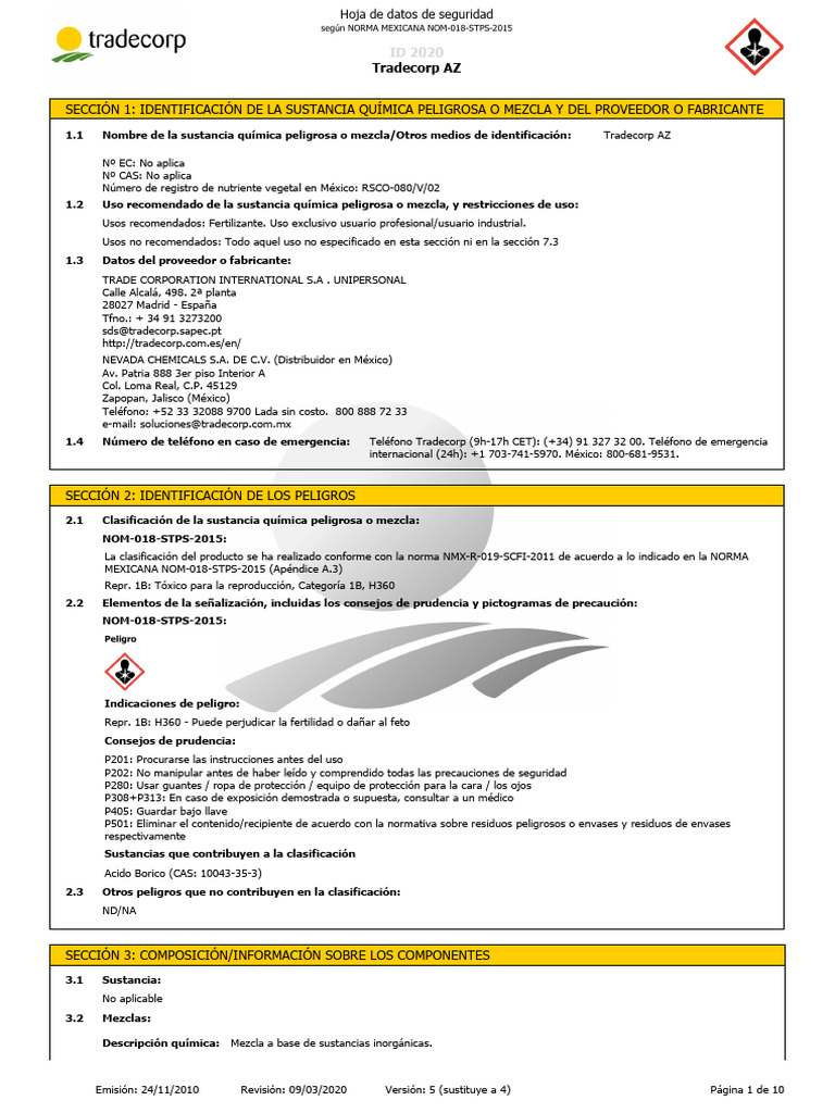Hoja Seguridad Tradecorp AZ v5 | PDF | Residuos | Contaminación