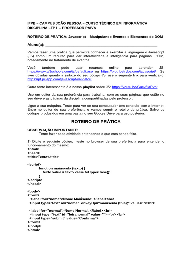 LPTI Roteiro Prática JS Manipulando Elementos Diversos | PDF | Script Java | Html
