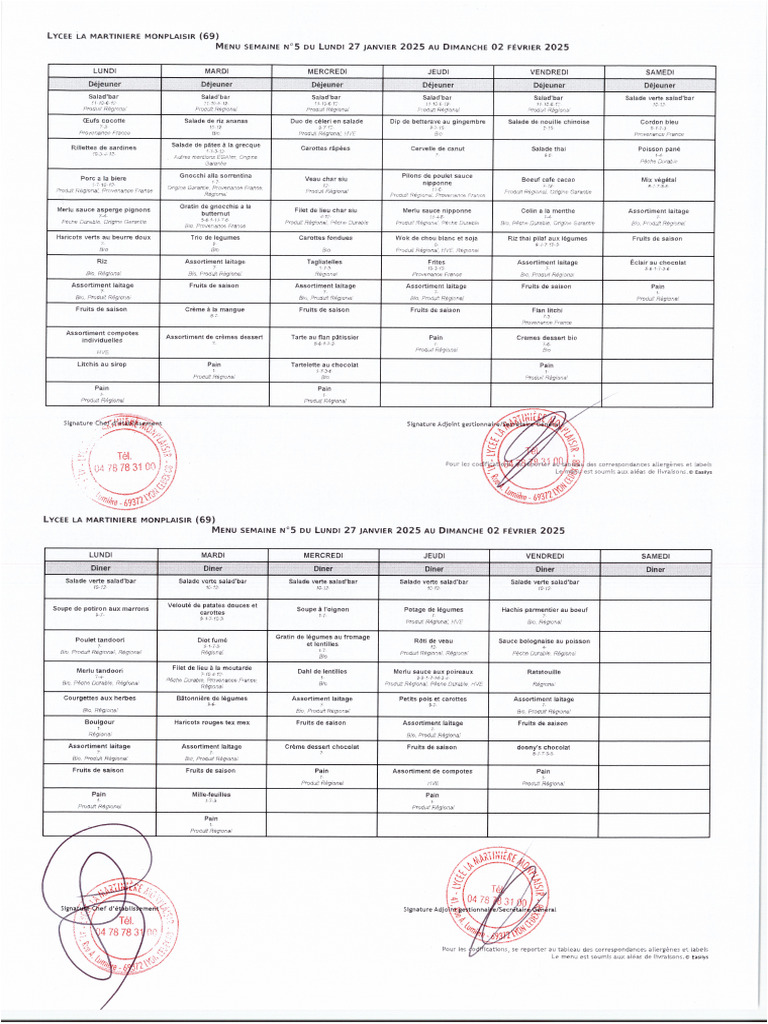 Menus 2025-01-27 | PDF