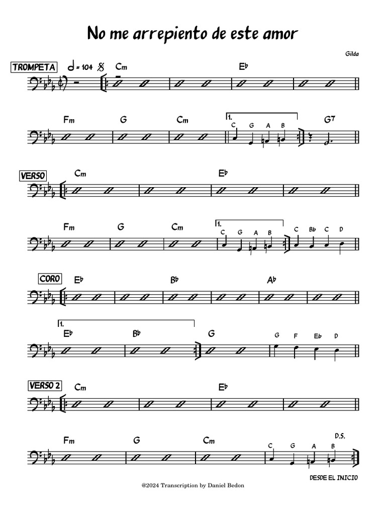 Acordes y partitura de "No me arrepiento" | PDF