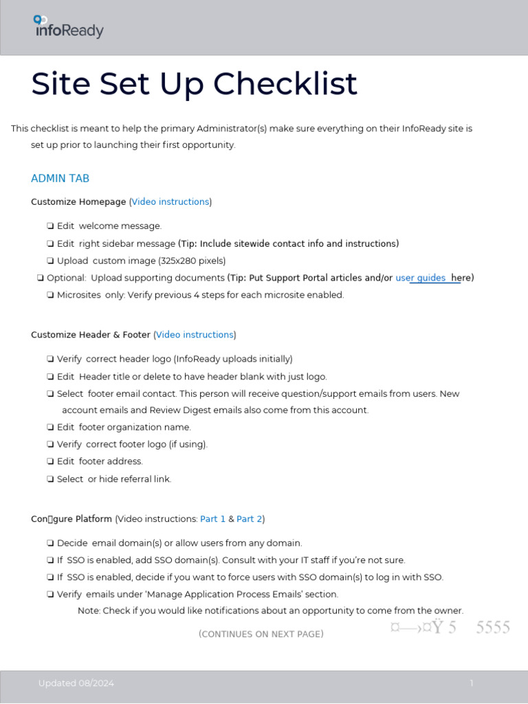 InfoReady Site Setup Checklist 2024 | PDF | Internet | Computing
