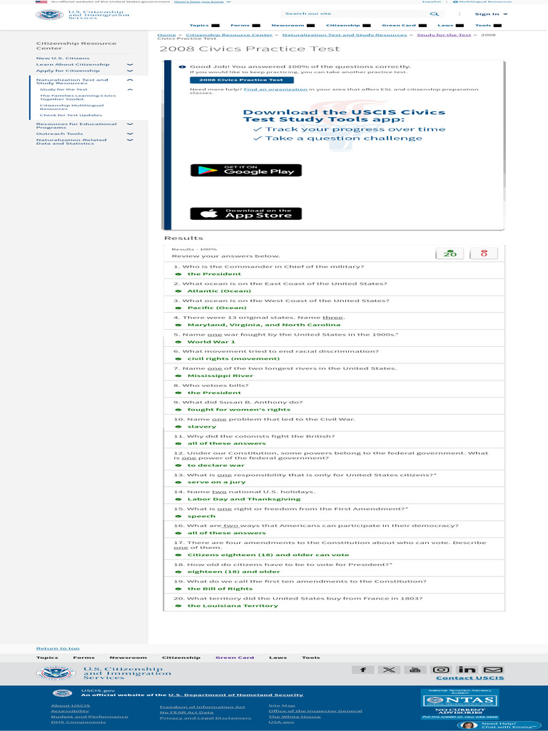 2008 Civics Practice Test USCIS | PDF | The United States | Government