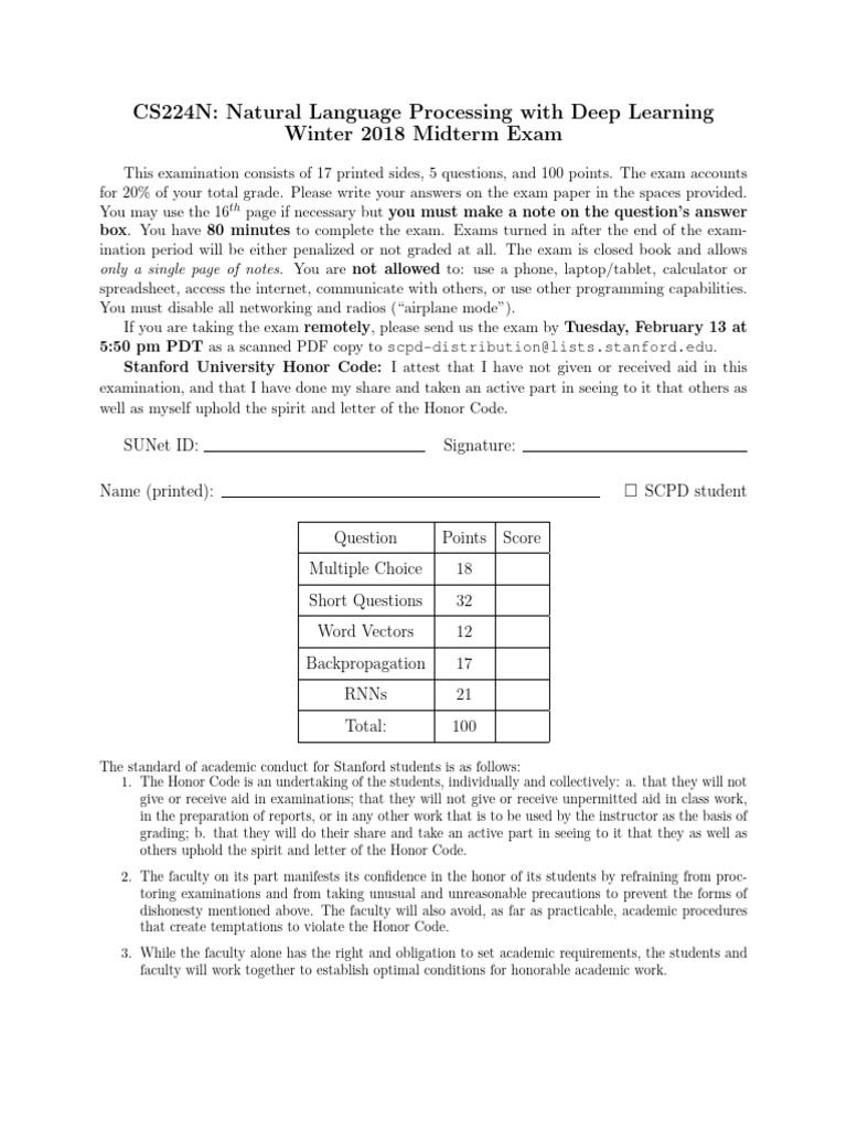 Cs224n Midterm 2018 Solution | PDF | Parsing | Machine Learning
