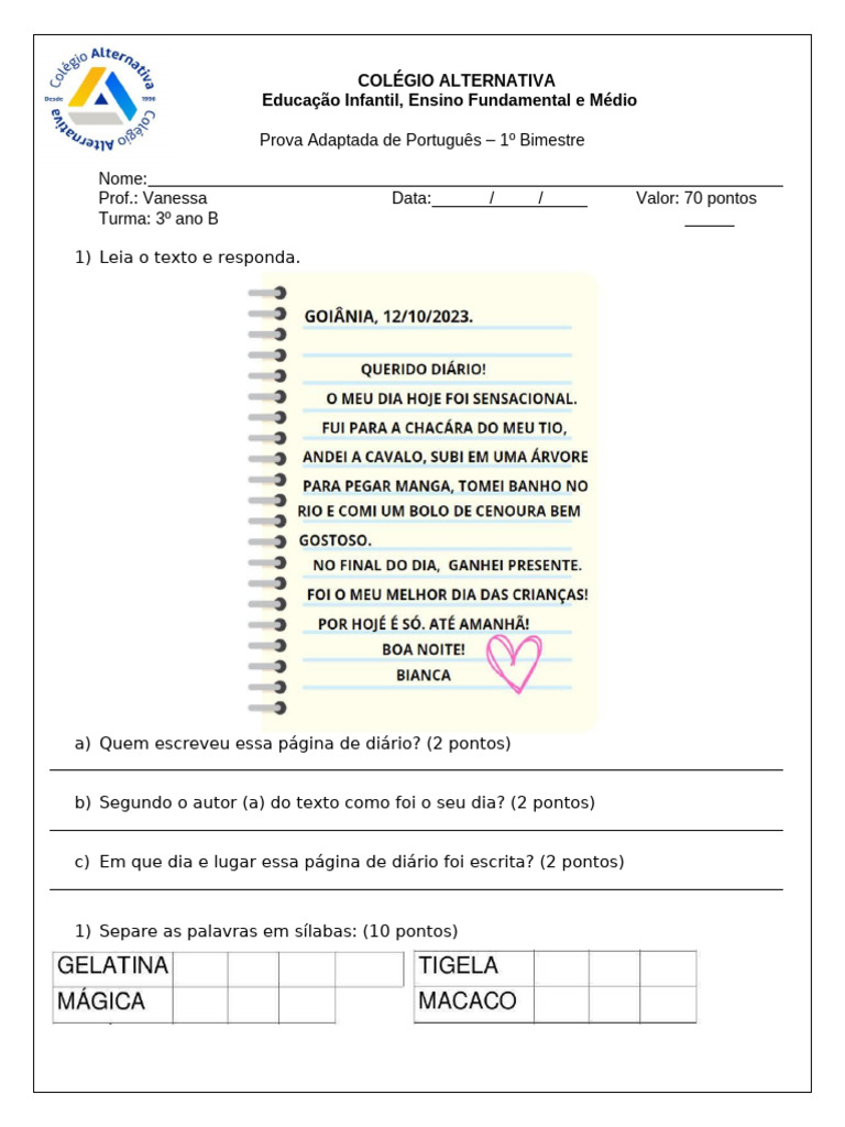 Prova de Português 3º Ano B - 1º Bimestre | PDF